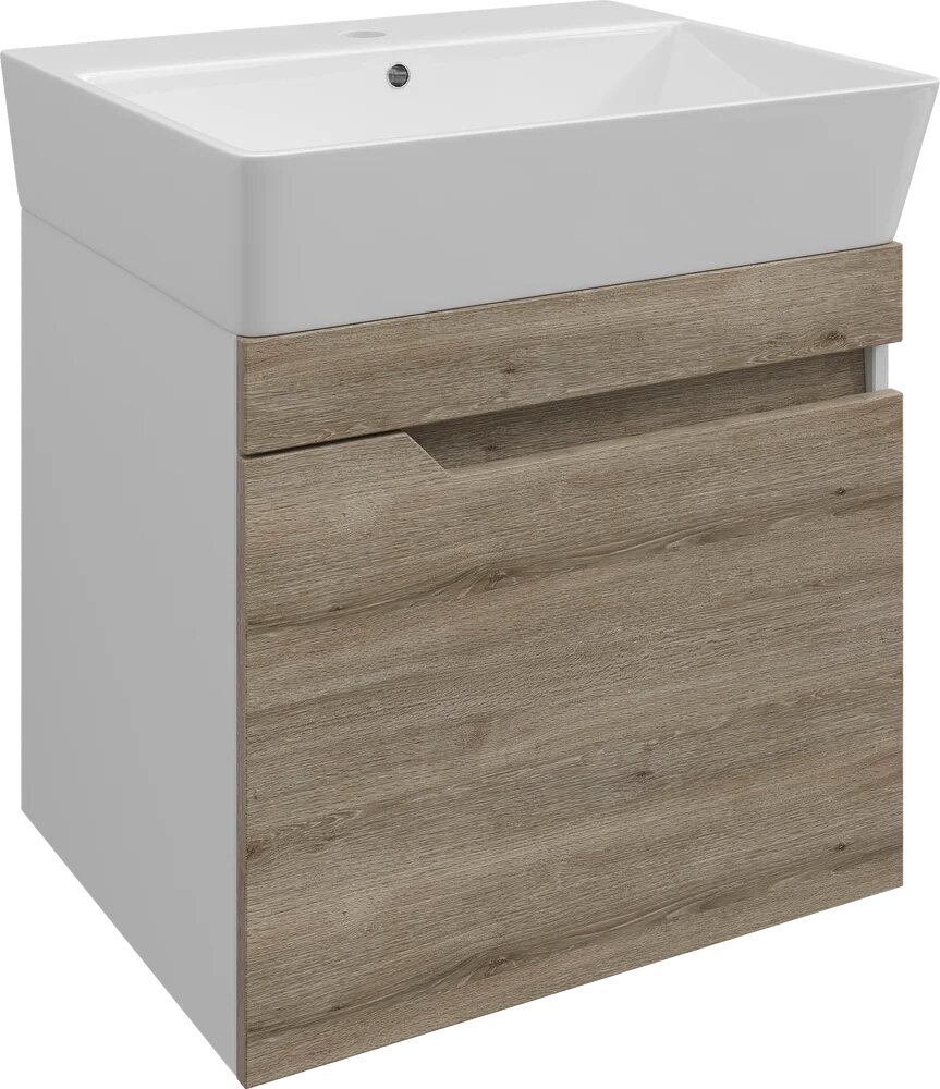 Тумба с раковиной DIWO Воронеж 50 подвесная, 50 см, светлое дерево, матовая, из МДФ, с дверками, раковина для ванной фаянсовая, прямоугольная, встроенный слив-перелив, с сифоном