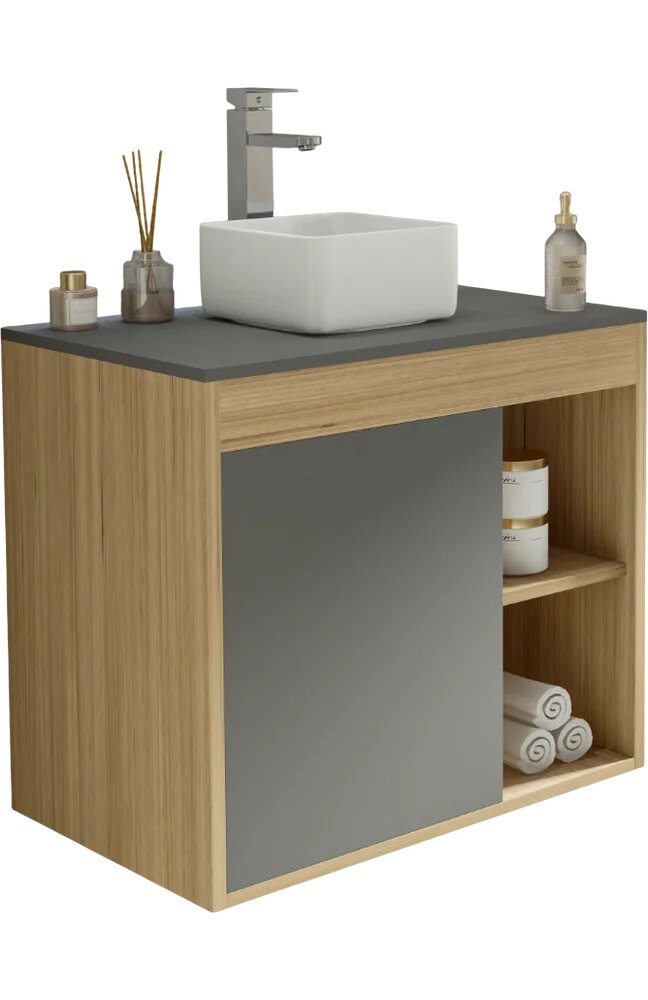 Тумба с раковиной Teymi Nura 70 подвесная, 70 см, серая, светлое дерево, матовая, из МДФ, с дверками, раковина для ванной, фарфоровая
