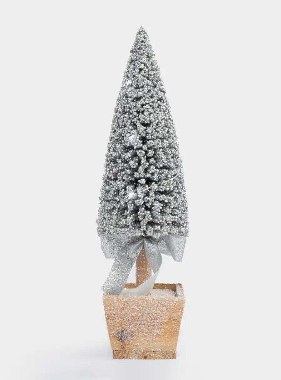 Ель искусственная, 42 см, с подсветкой, в горшке, пластик/дерево, серебристая, Interior silver