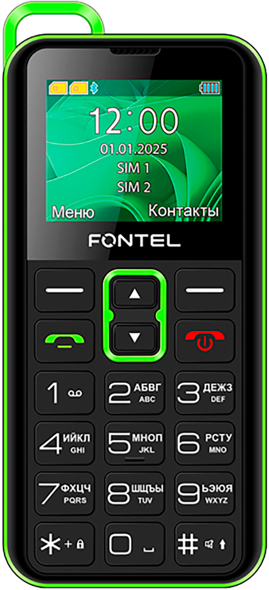 Мобильный телефон Fontel FP110 зеленый, черный, 2 SIM, экран 1.44", TN (TFT), 128x64, 600 мА*ч, фонарик