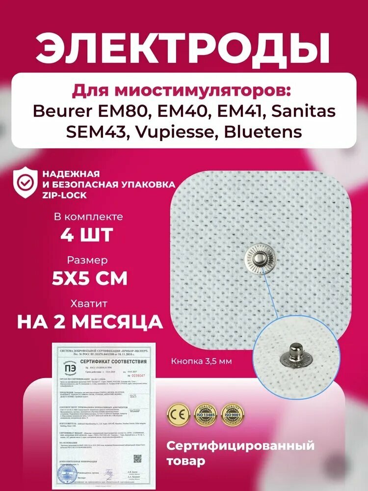 Электроды для миостимуляторов, для моделей Beurer, Bluetens, Vupiesse, Sanitas, 5х5см, 4шт.
