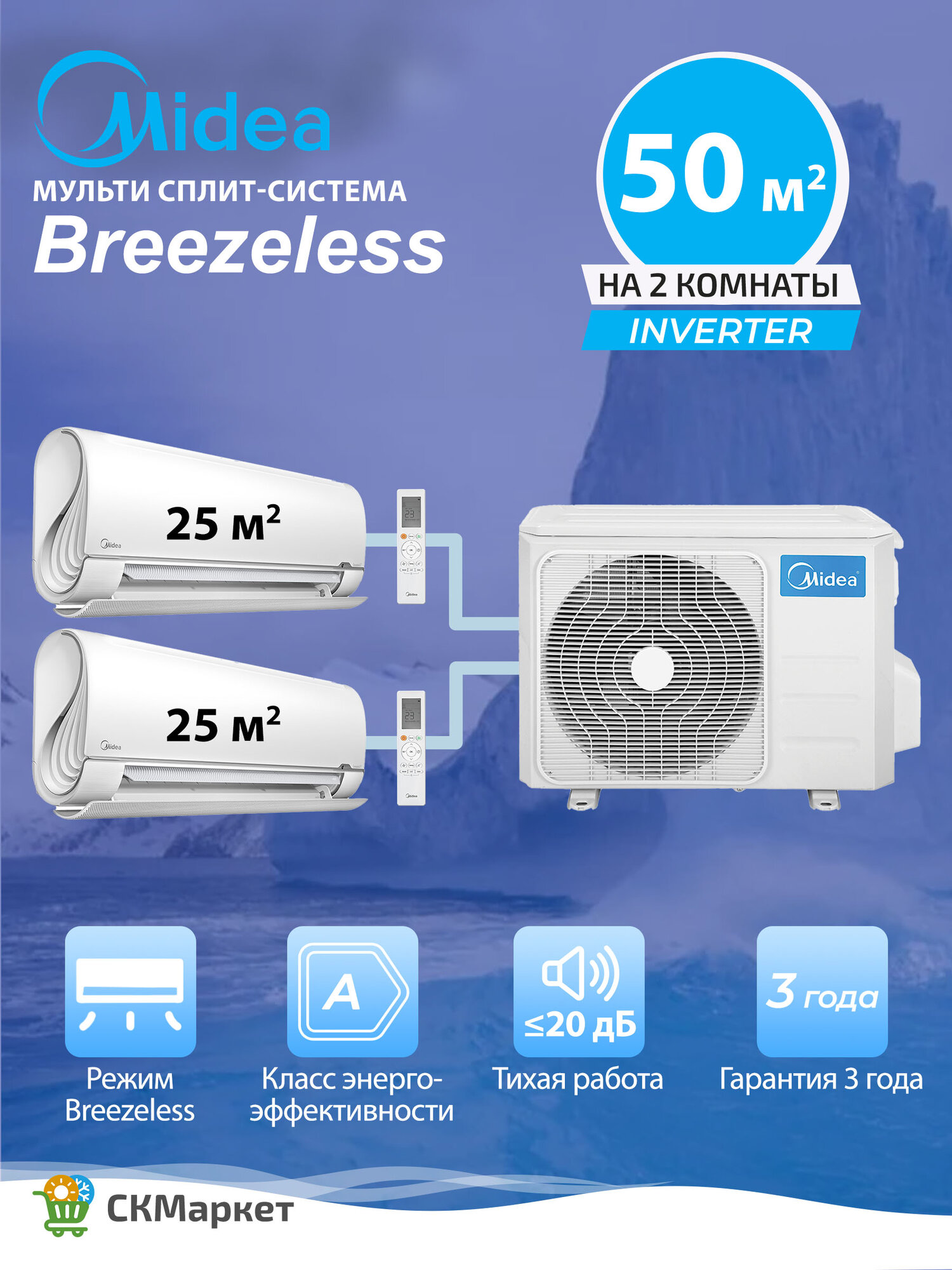 Мульти сплит система кондиционер на 2 комнаты (25+25) кв. м. Midea MSFA2-09N8D6-Ix2/M2OE-18HF8-Q1, кондиционер инверторный