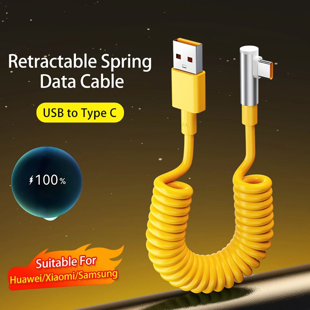 Кабель USB Type-C 100W 6A для быстрой зарядки и передачи данных, угловой, телескопический, пружинный, для Android-смартфонов, для игр, для Samsung S25, Huawei, Xiaomi