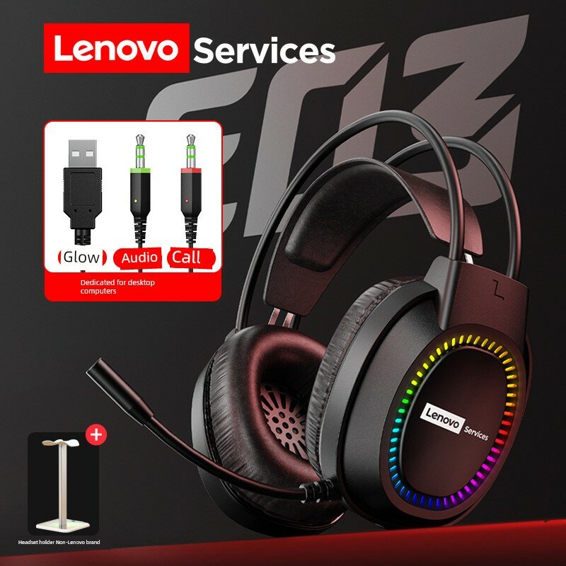 Lenovo E03 Проводные Наушники с Подставкой - Черные, Двойной 3.5mm Разъем, Для Настольных Игр