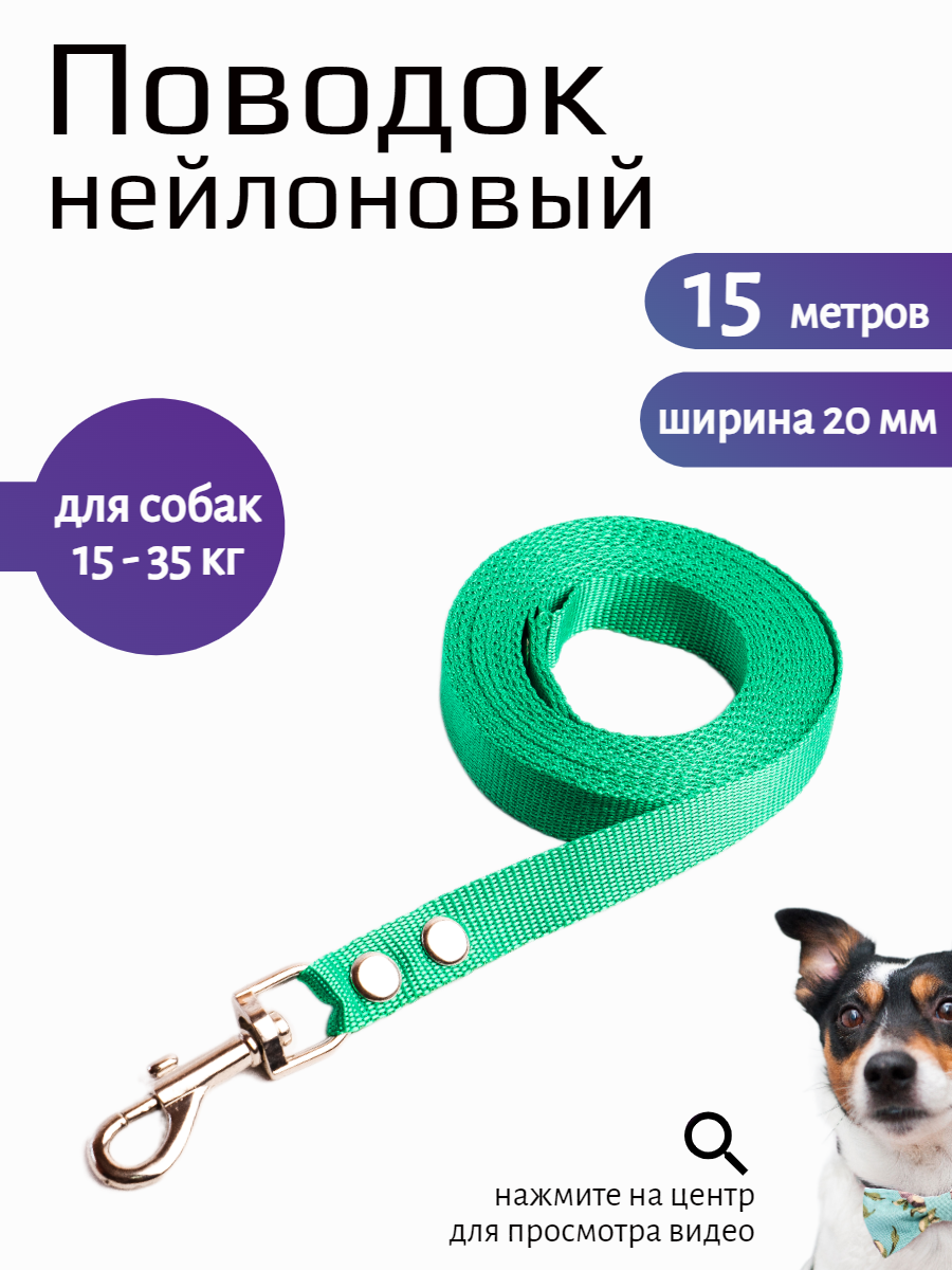 Поводок Хвостатыч для собак с карабином нейлон 15 м х 20 мм (бирюзовый)