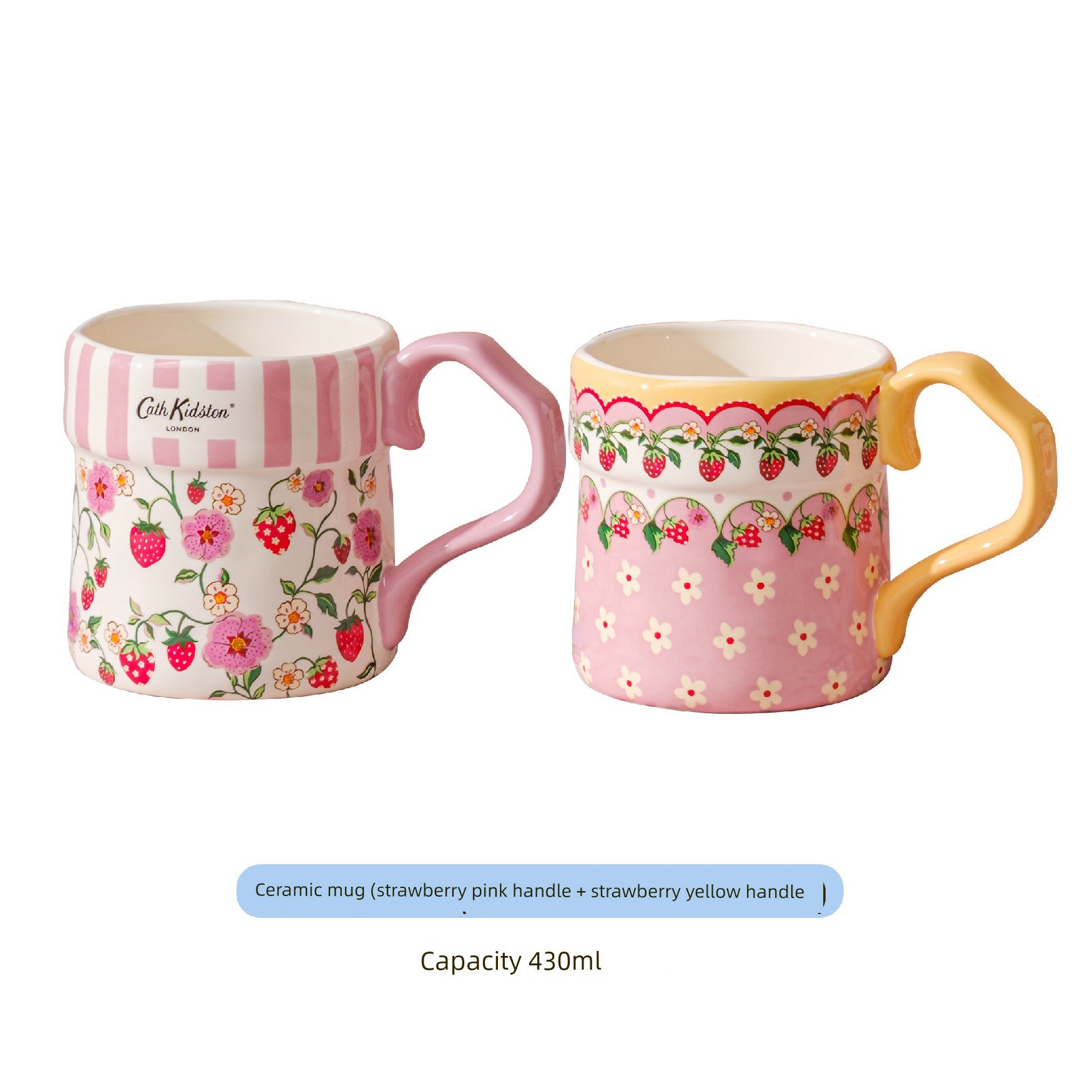 Набор кофейных чашек Cath Kidston с узорами «Розовая клубника» и «Желтая клубника» и сердечными ложками, 2 шт, 350 мл