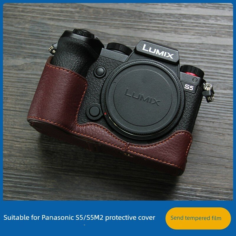Защитный чехол для камеры Panasonic S5/S5M2 из натуральной кожи, кофе, включая защитное стекло