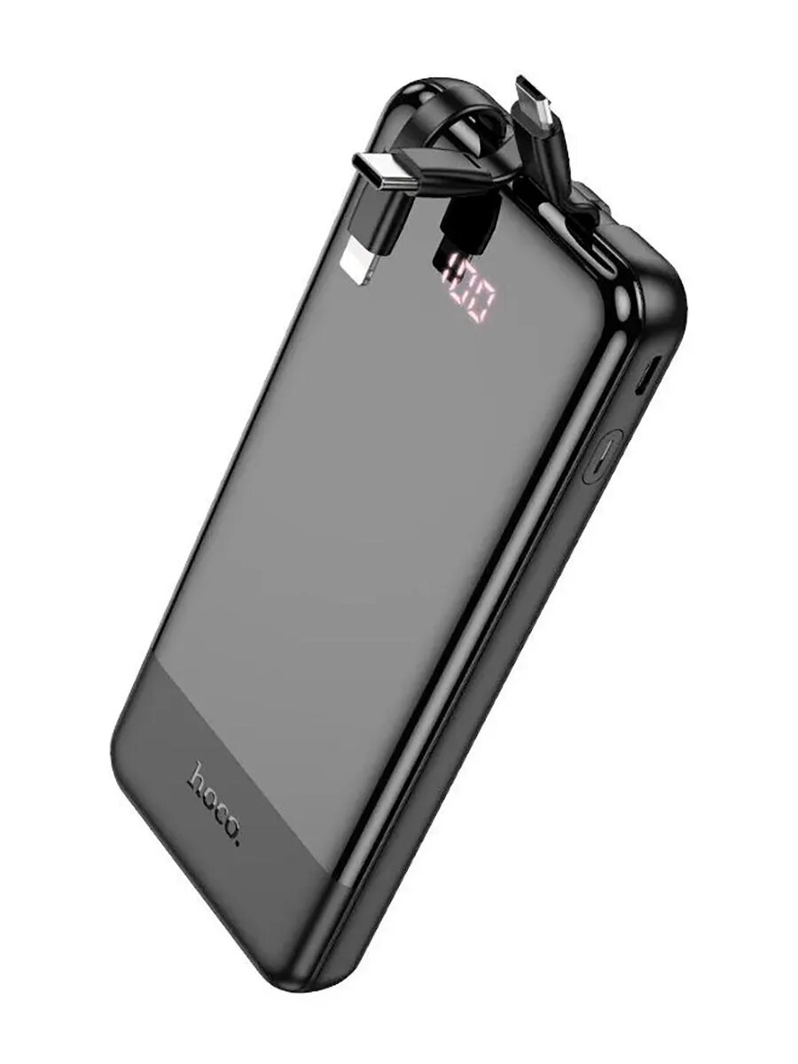 Внешний аккумулятор Hoco J114 10000mAh, встроенный кабель Micro/Lightning/Type-C, черный / повербанк для смартфона