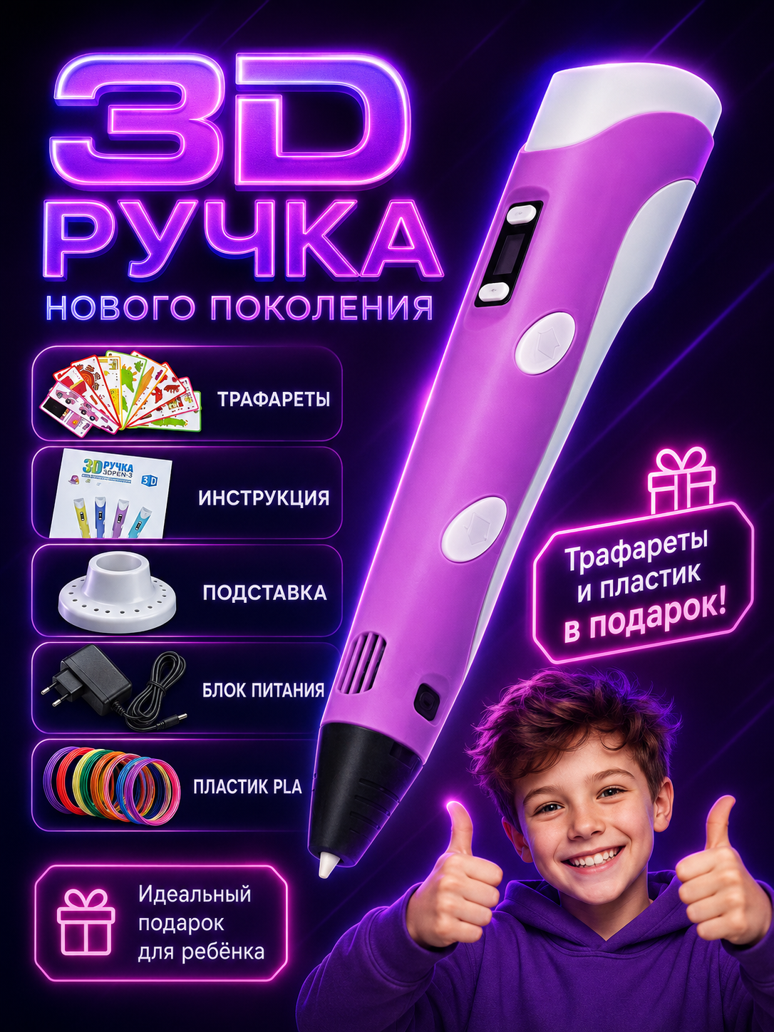 3Д Ручка детская 3DPEN-3, 3D ручка для творчества 3-го поколения, Набор для творчества с трафаретом и пластиком, Розовый