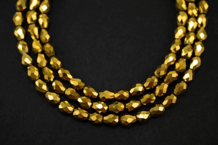 Бусина стеклянная граненая Капля 7х6мм, цвет золото, гальваническое покрытие, 503-035, 20шт