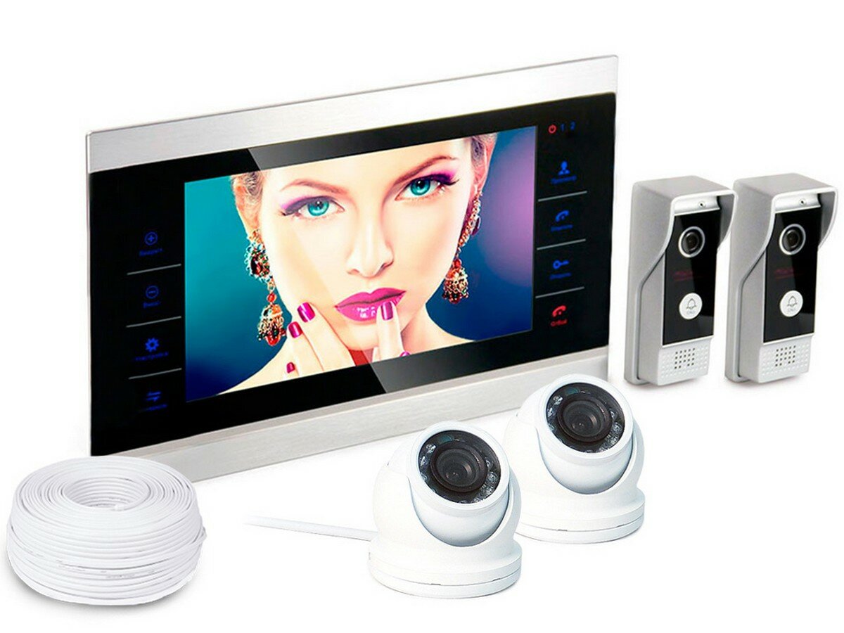 Комплект видеодомофона HDcom S-104 две вызывные панели две купольные камеры KDM-6413G. Запись по датчику