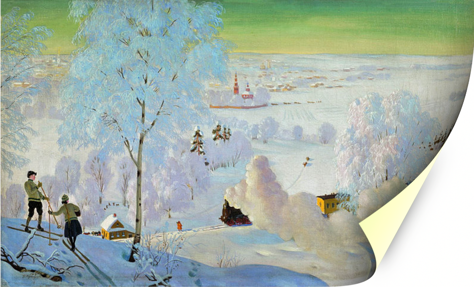 "Лыжники", Кустодиев Борис Михайлович, картина (репродукция) (70х42 см / без подрамника)