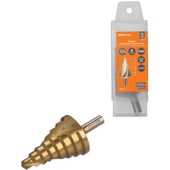 Сверло по металлу ступенчатое Tdm Electric 10-45 мм, 8 ступеней, нитрид, HSS, цилиндр. хв, "Рубин", SQ1090-0721