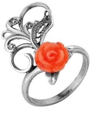 Кольцо, коралл, искусственный камень