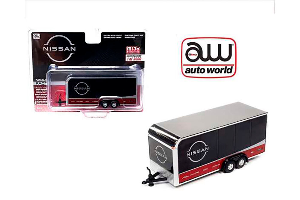 Trailer прицеп-трейлер для перевозки 1 легкового а/м, крытый, nissan, черный с красным (длина модели 6-10 см)