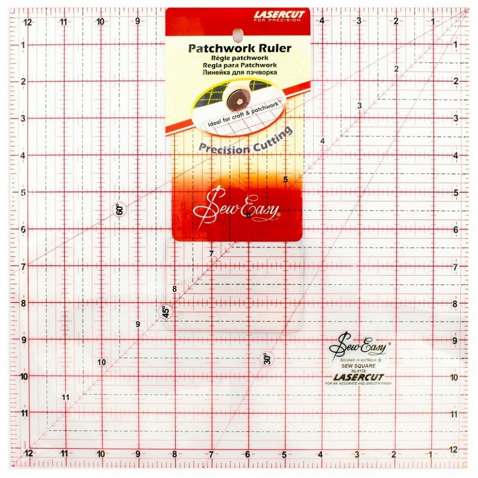 Hemline NL4178 Линейка для пэчворка с градицей в дюймах, квадрат 12 1/2"