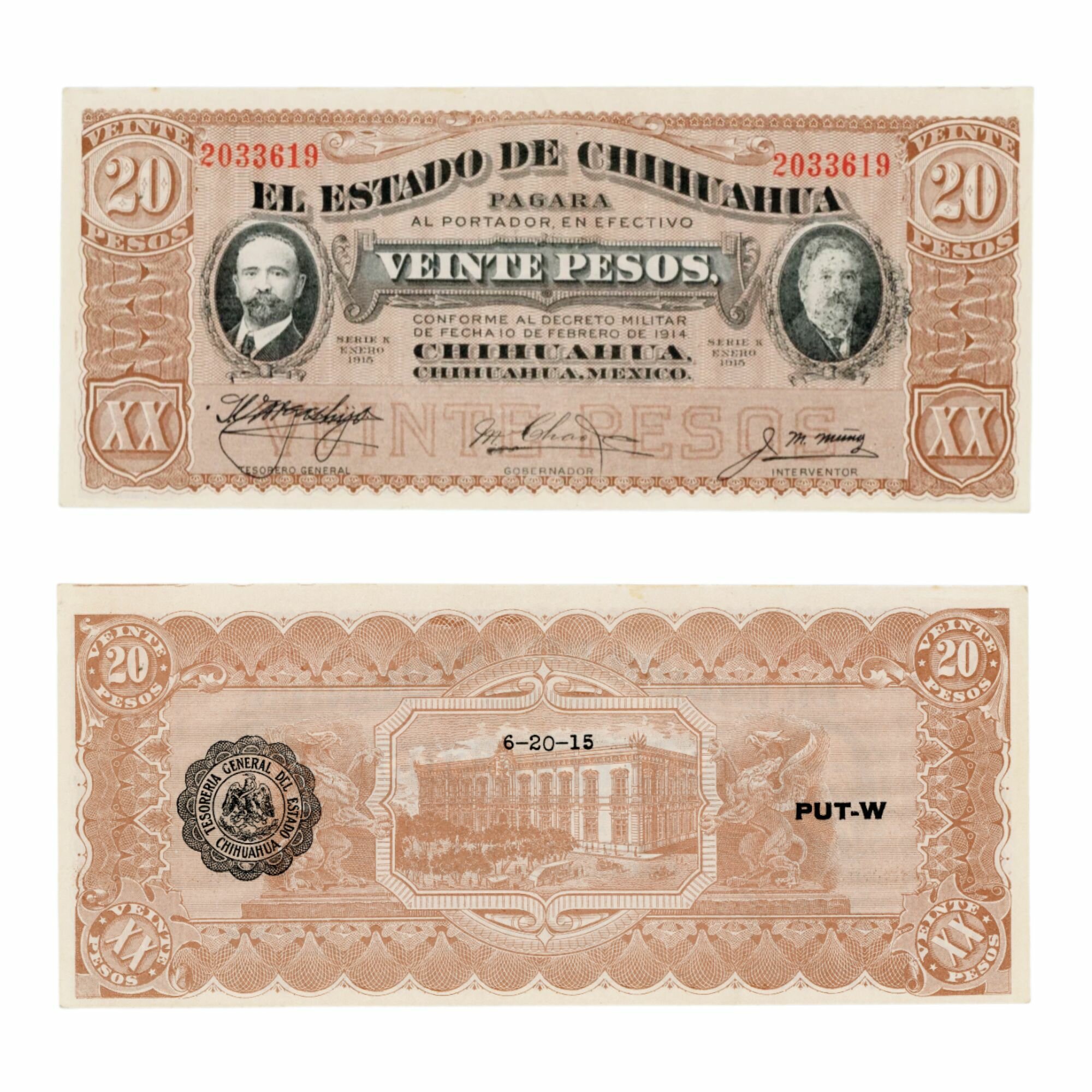 Банкнота Мексика 20 песо 1915 год Extremely Fine (XF) Pick 537 /Штат Чиуауа