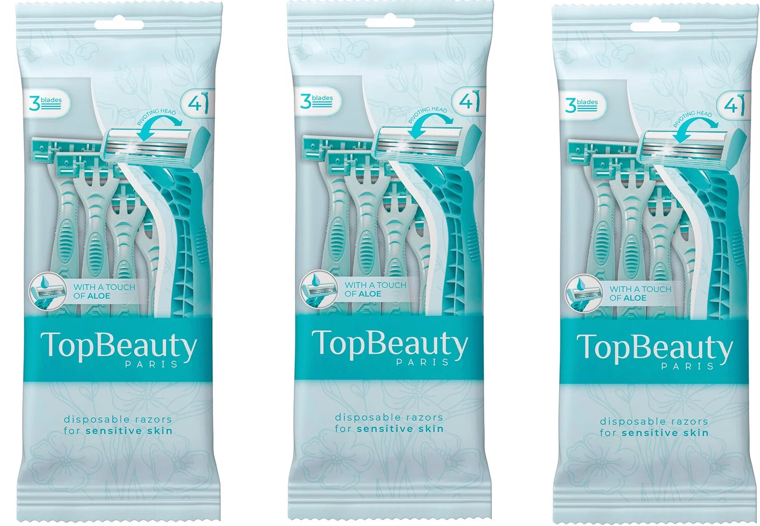 Одноразовая женская бритва TopBeauty Paris, 3 лезвия, плавающая головка, 4шт, 3 уп