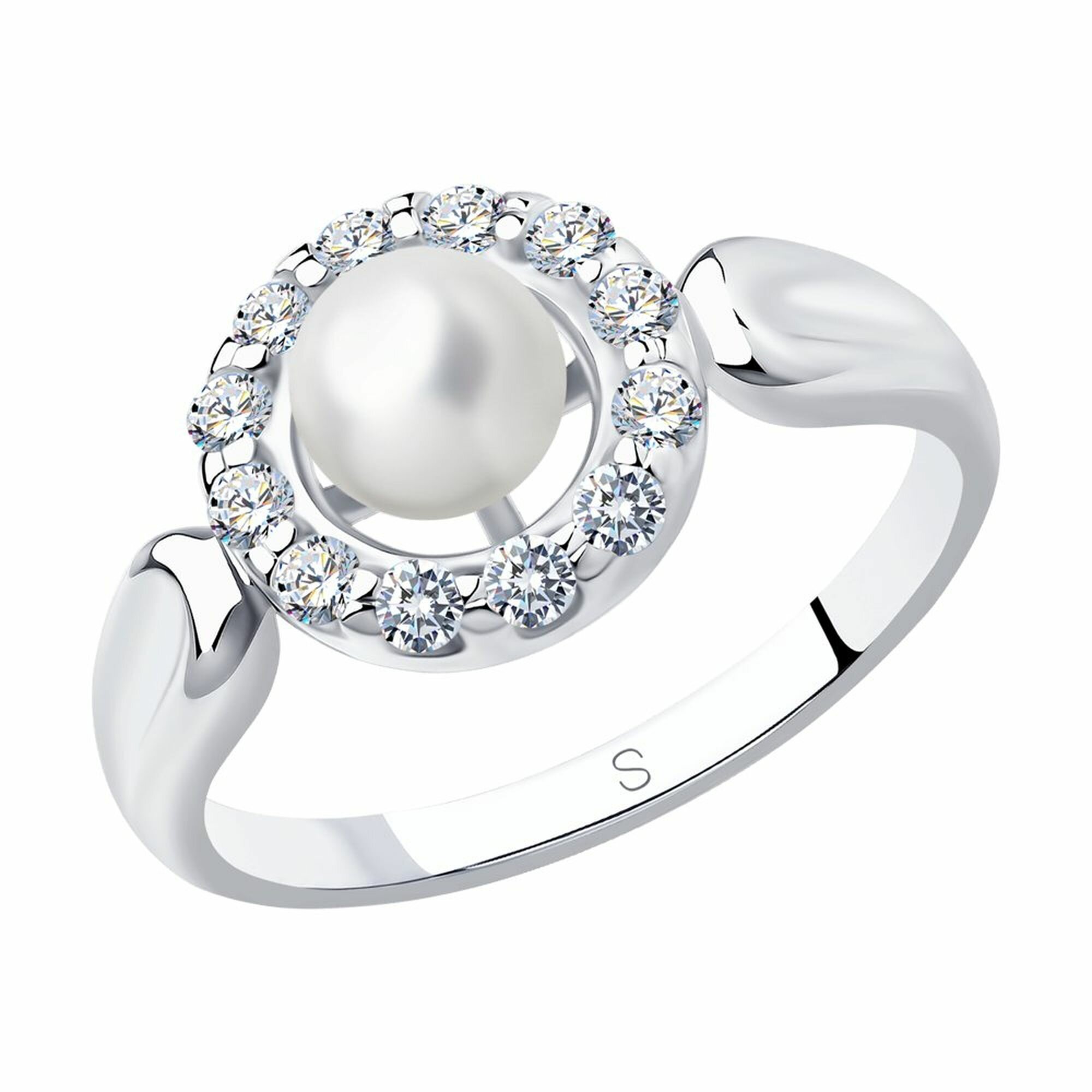 Кольцо, серебро, 925 проба, родирование, жемчуг, фианит