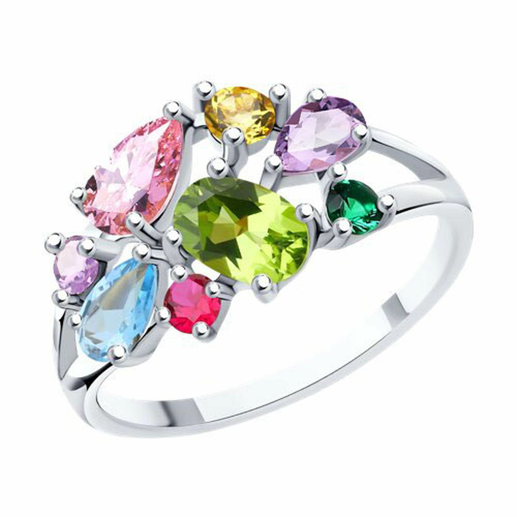 Кольцо, серебро, 925 проба, родирование, аметист, топаз, корунд, хризолит, фианит