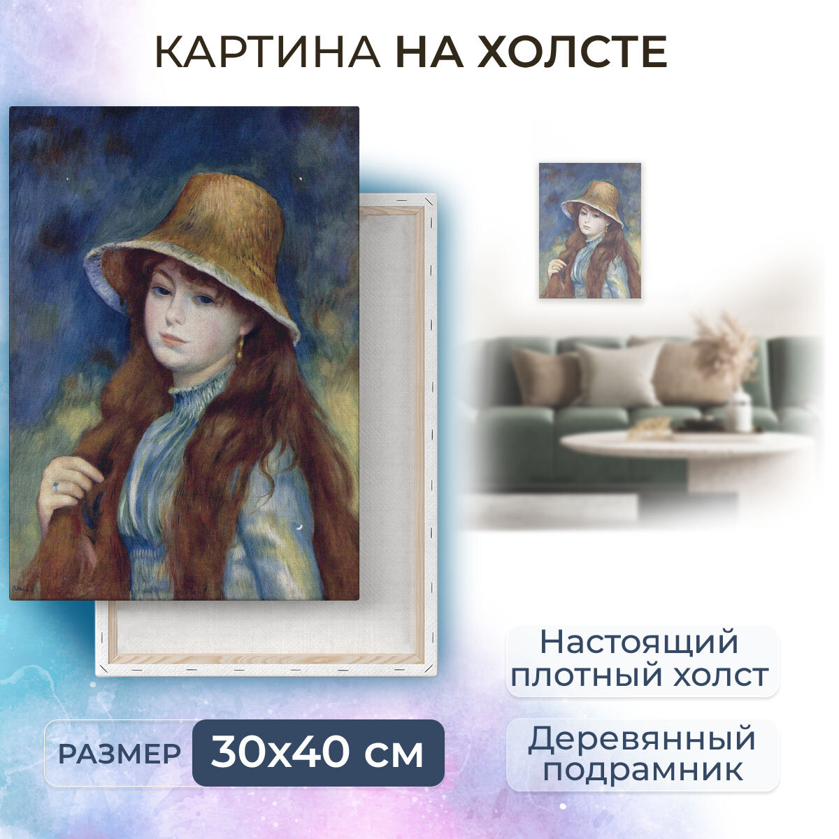 Картина на холсте с подрамником / Pierr - Auguste Renoir / Ренуар Пьер - Девушка в соломенной шляпе