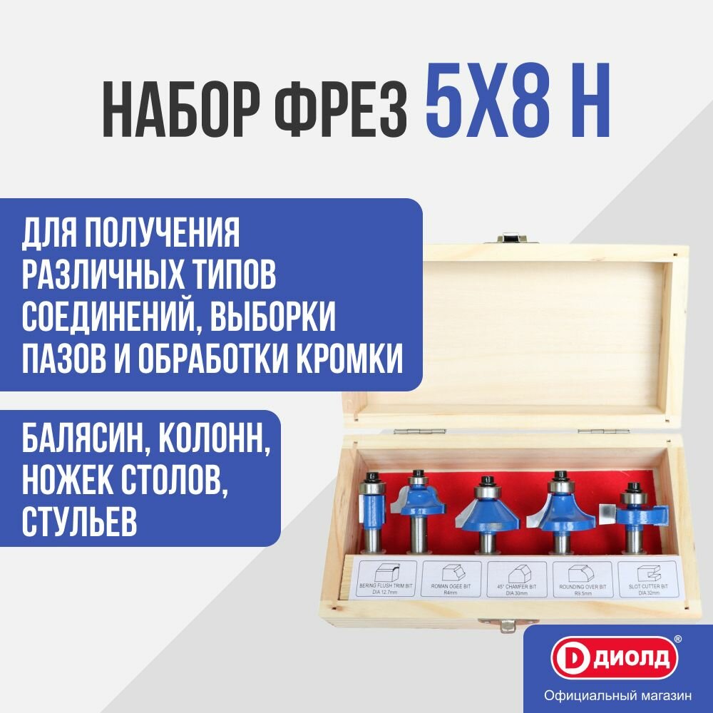 Набор фрез Диолд 5x8 H, (5 шт, диаметр хвостовика 8 мм)