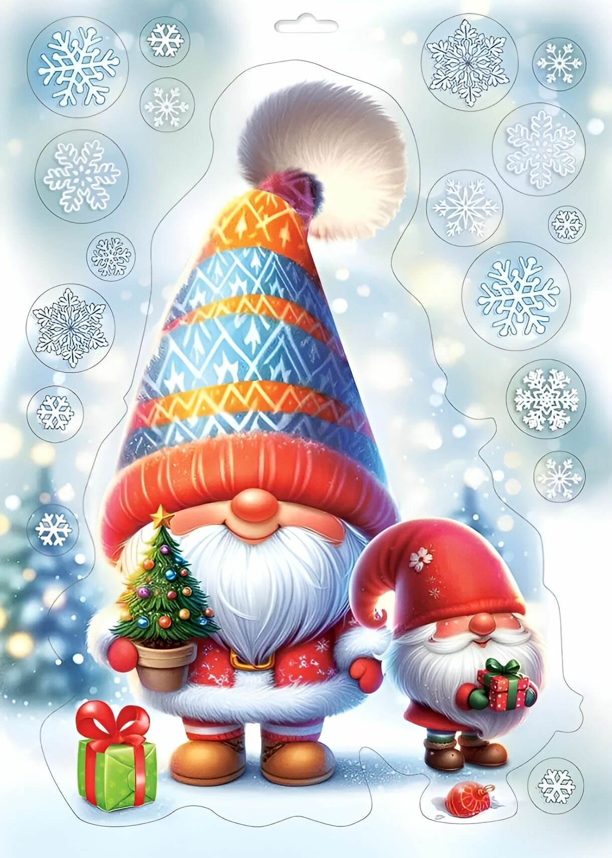 Оформительские наклейки "Новогодние гномы" двусторонние, размер листа 23,7х33,2 см.
