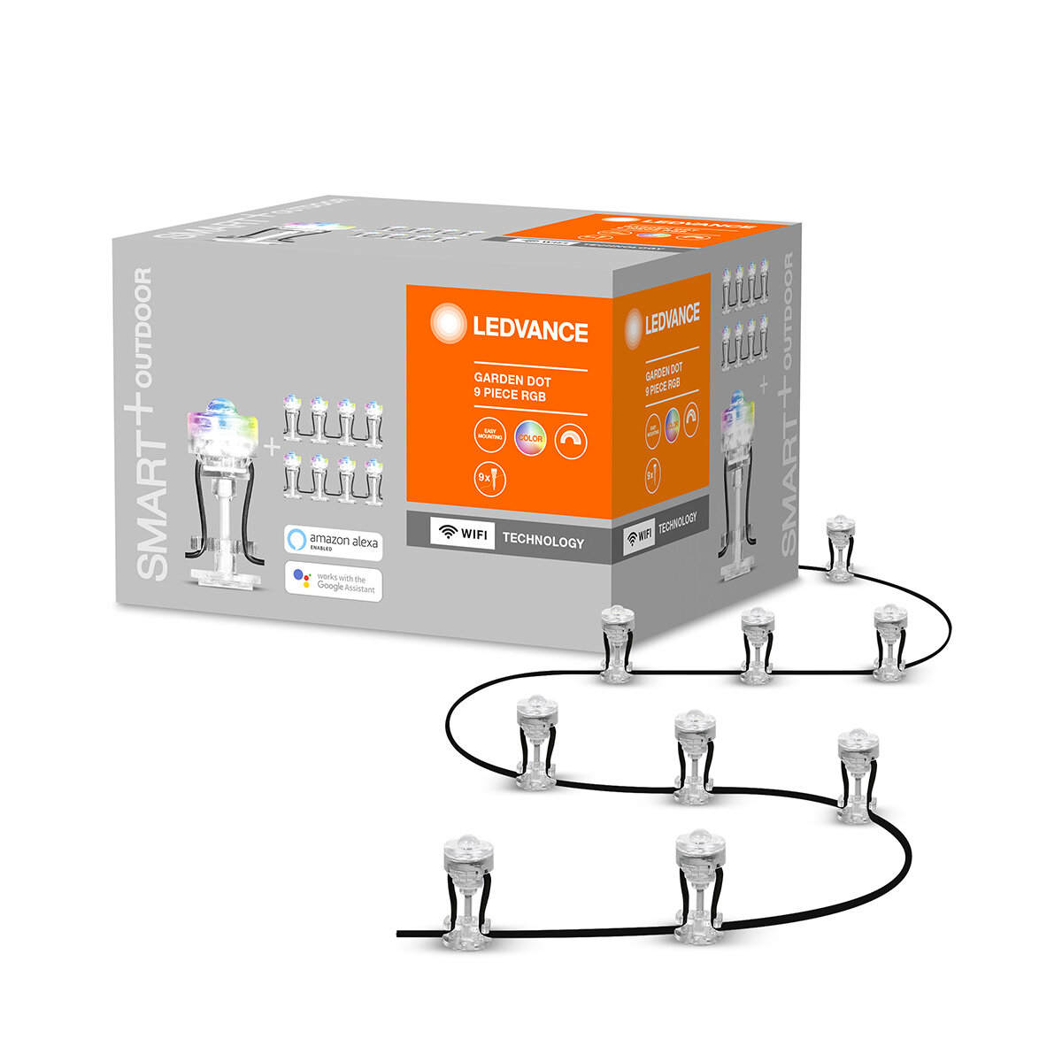 Умный грунтовый светильник для подсветки газона LEDVANCE 2,5Вт 380 Лм, RGB SMART WIFI GARDEN DOT RGB 9P, гирлянда