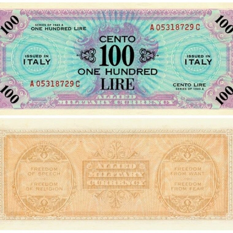 Италия 100 лир 1943 военное командование, сувенирная копия, банкноты и купюры редкие коллекционные