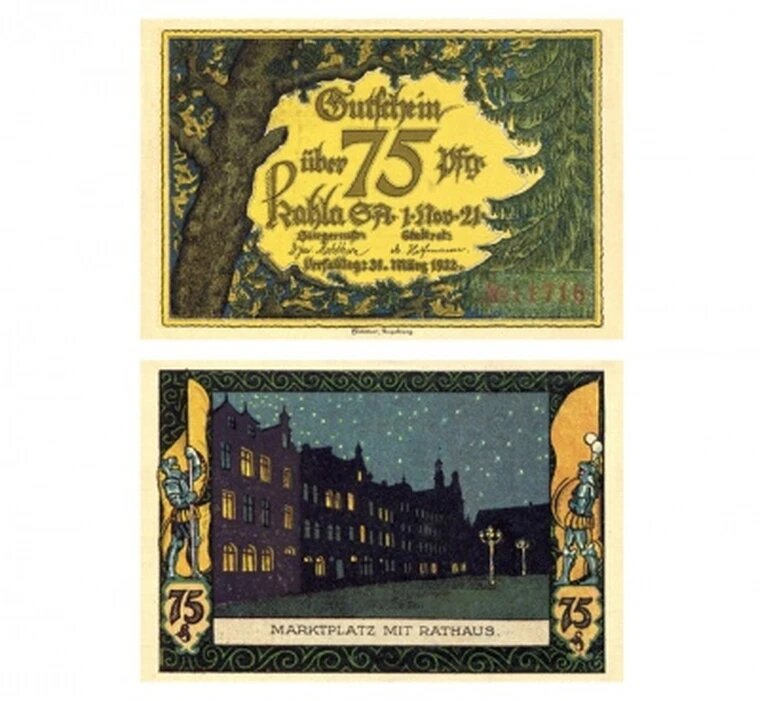 Нотгельд 75 пфеннигов 1922 Германия, Кала, вид 1, сувенирная копия, банкноты и купюры редкие коллекционные