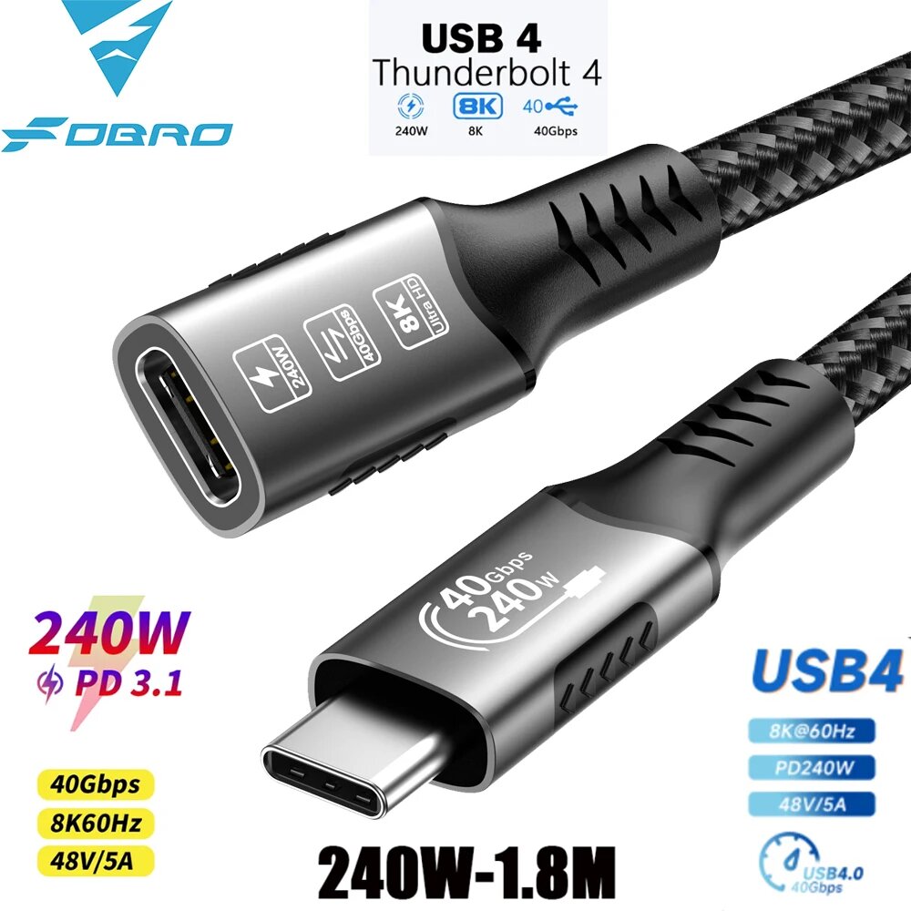 Тип C Thunderbolt 4 Кабель 40 Гбит/с 8K 60 Гц Стандарт USB4 USB C PD3.1 QC4.0 240 Вт Быстрая зарядка для Huawei Iphone 15 Macbook Pro extend-240W-1.8M