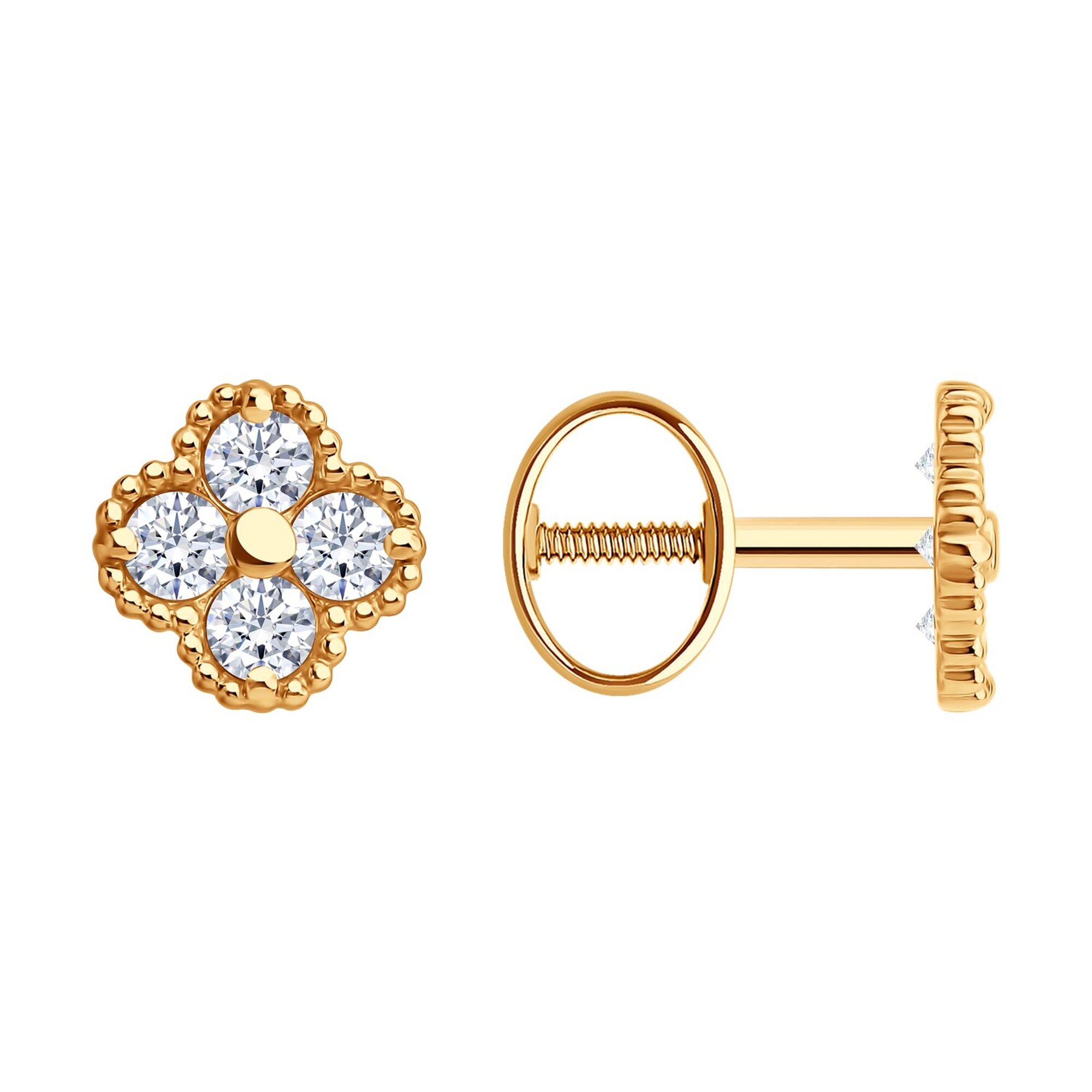 Серьги пусеты, красное золото, 585 проба, фианит