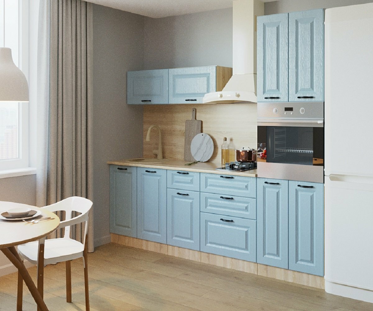 Кухонный гарнитур РоялВуд Голубой Вегас, длина 2400 мм, с пеналом для духового шкафа