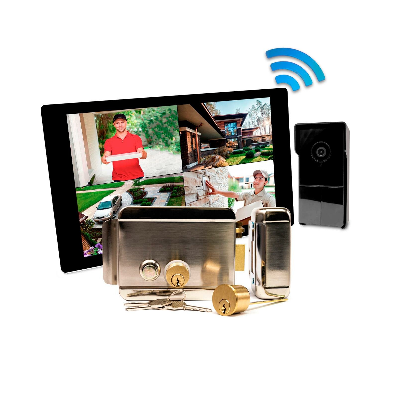 Радиоканальный видеодомофон с замком - SkyNet 1000 (1+0+AX042) (W5170RU): HD Wi-Fi монитор 10 дюймов, вызывная панель с камерой, электромеханический