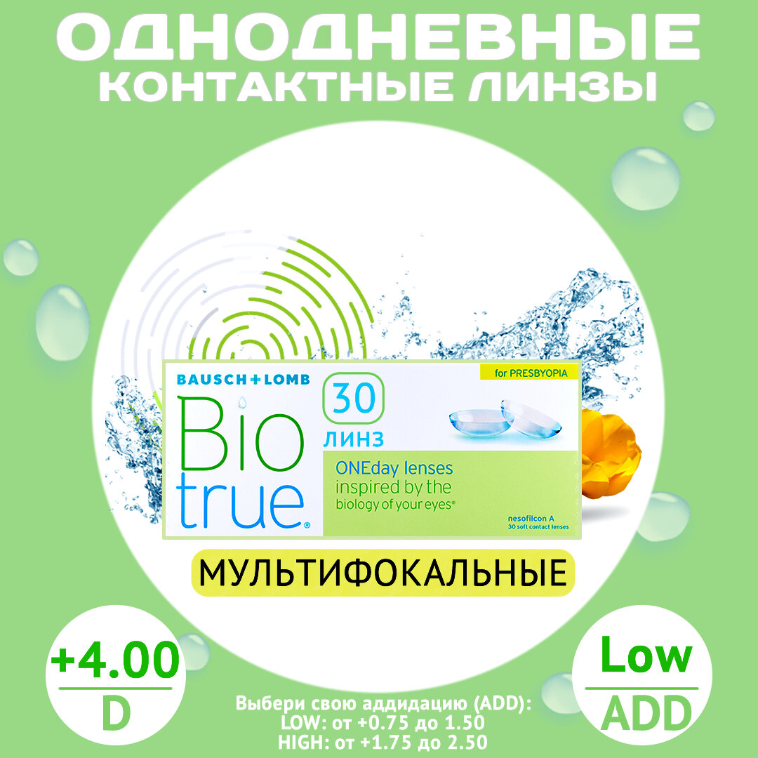 Мультифокальные линзы Biotrue ONEday for Presbyopia D+4.00, ADD Low, R8.6, однодневные, 30 шт.