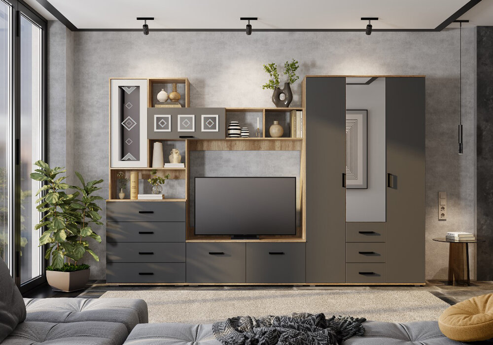 Стенка в гостиную со шкафом Нонтон Вегас №1, 320x47x212 см, дуб каньон / графит