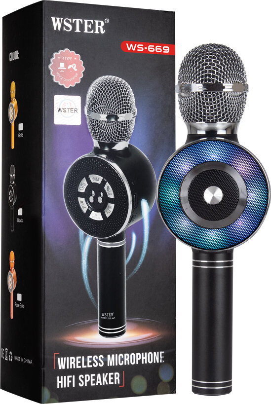 Караоке колонка с микрофоном WS-669 микрофон для караоке bluetooth, 4 голоса, подсветка, черный