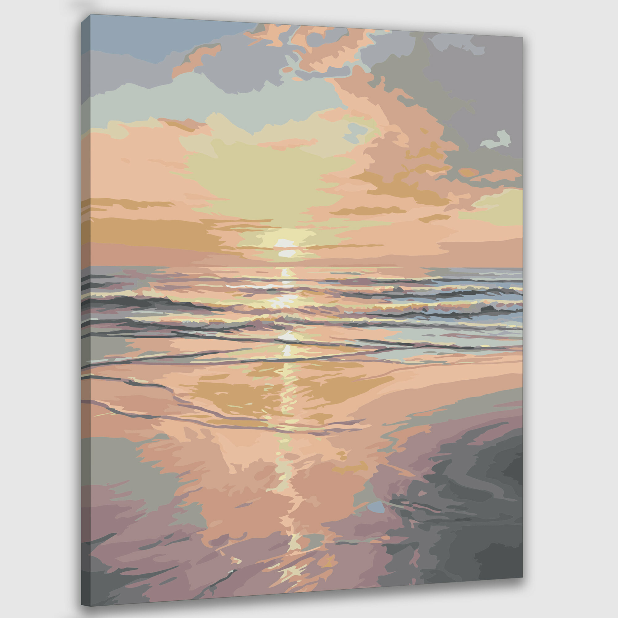 Картина по номерам 40x50 см, картина, масло, пляж, сумерки, заходящее солнце, звездная аура, поверхность воды, небо