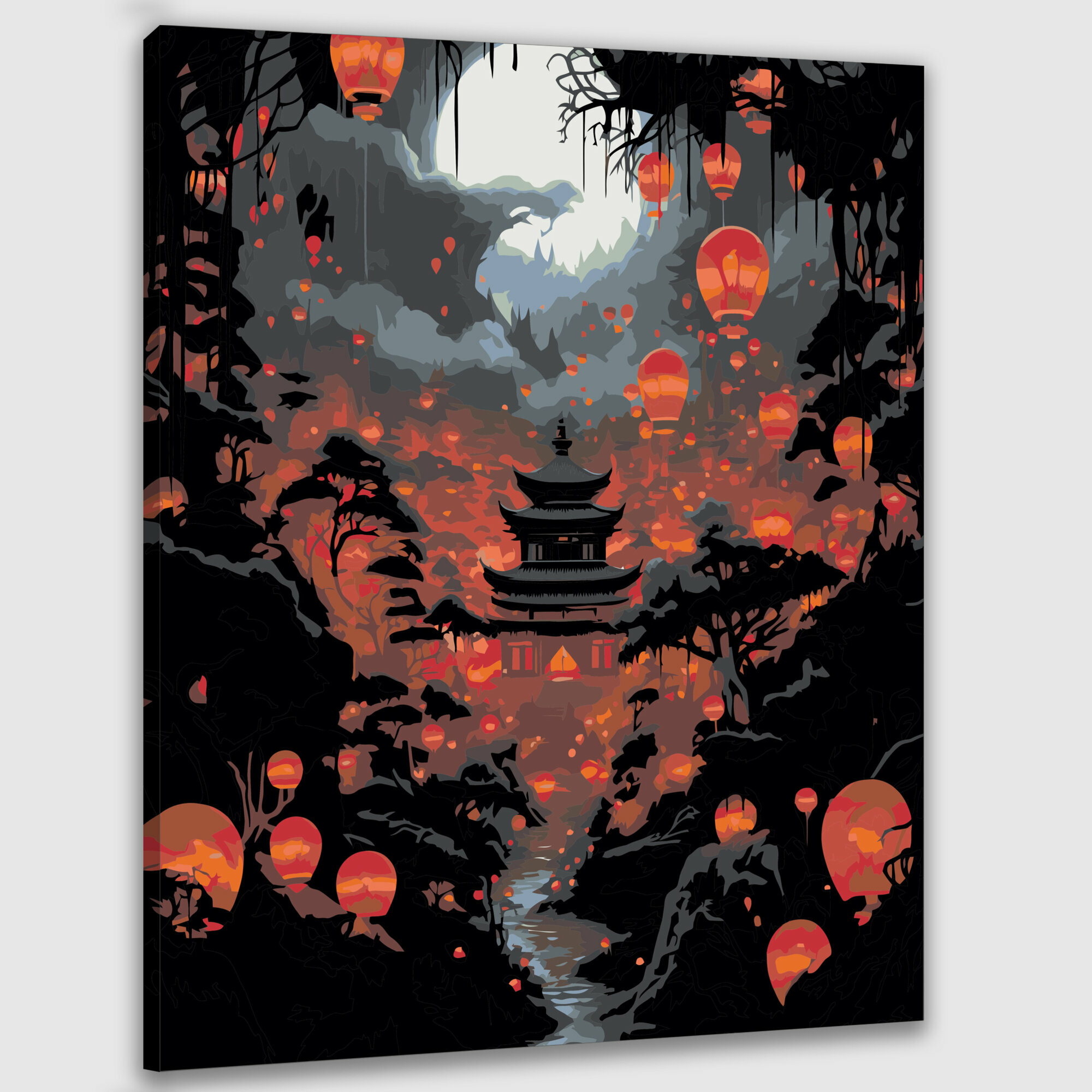 Картина по номерам 40x50 см, мистический лес, высокие деревья, светящиеся фонари, неземные существа, тушь