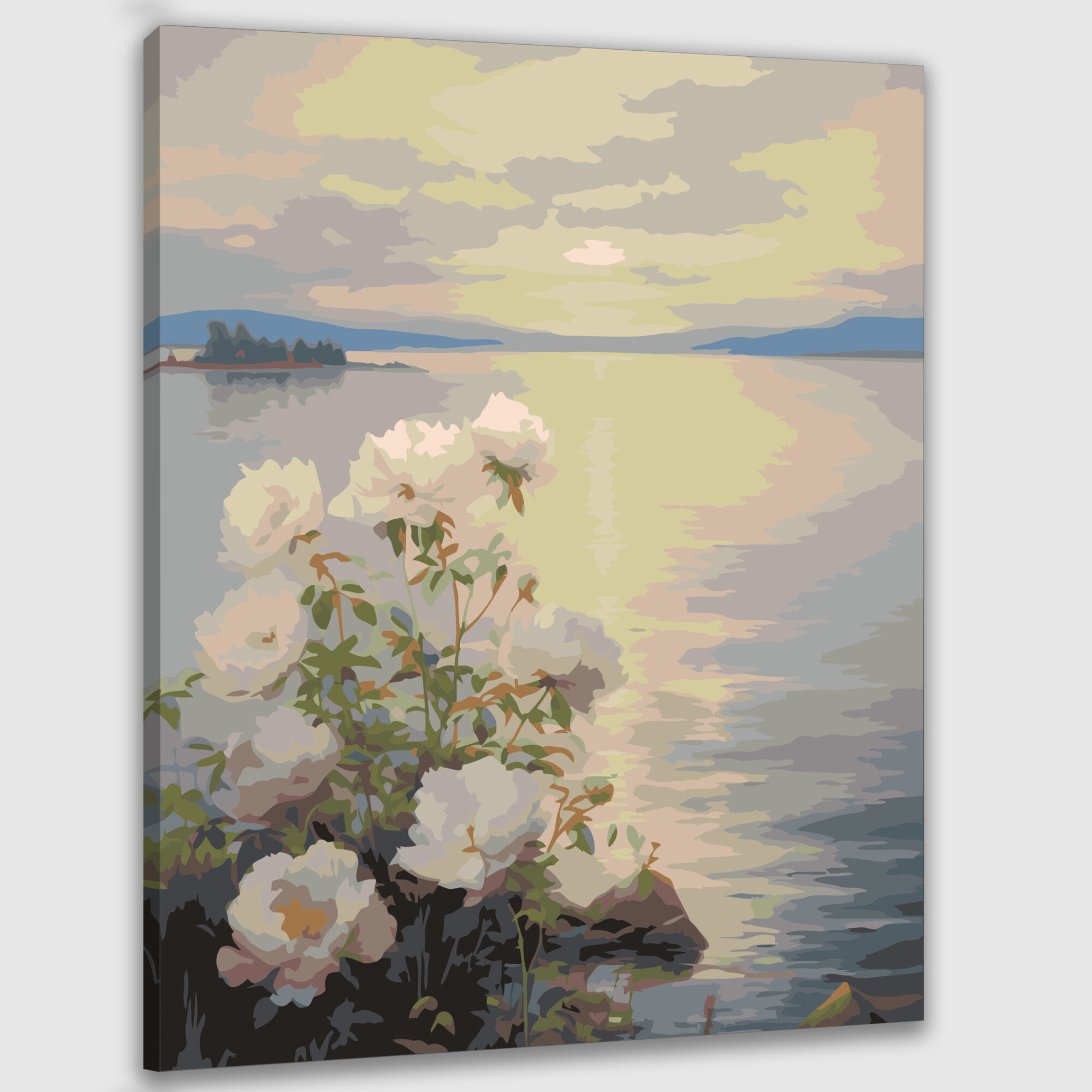 Картина по номерам 40x50 см, картина, масло, пейзаж, прибрежный, гроздь, пионы, вода, отражение, небо, закат, мирный