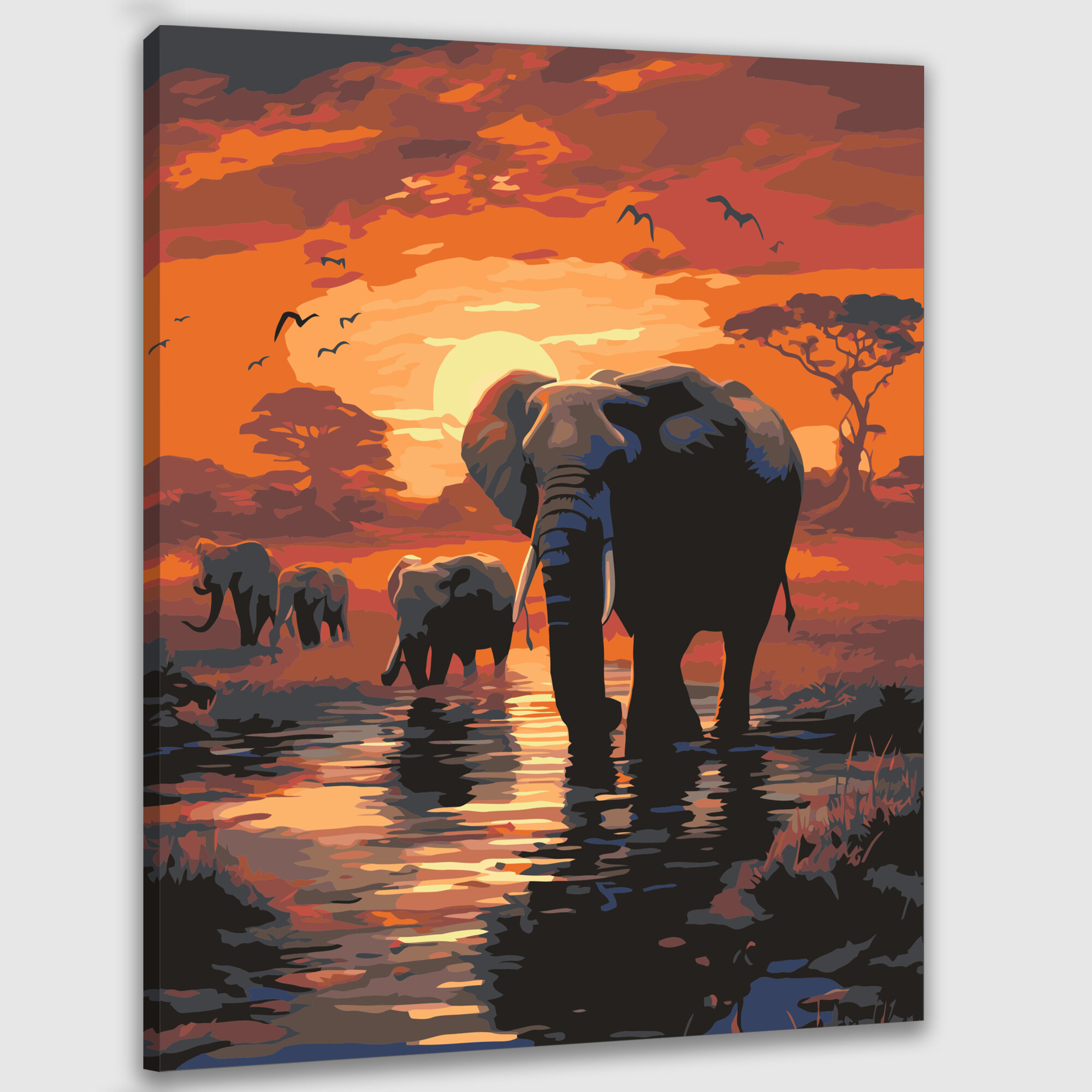 Картина по номерам 40x50 см, слоны, стадо, водопой, африканская саванна, глубина, масштаб, детали