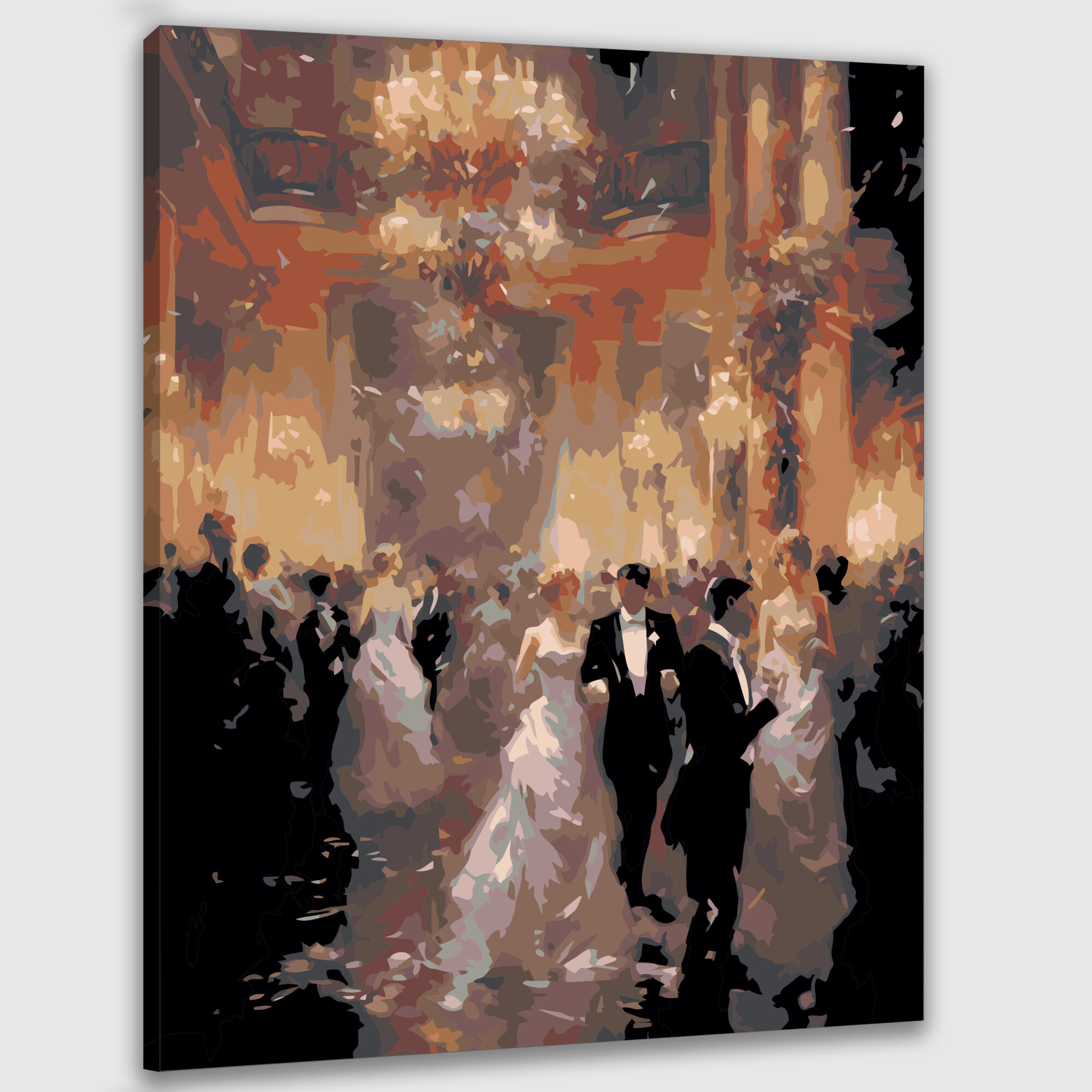 Картина по номерам 40x50 см, картина маслом, бал-маскарад, Новый год, гости, маски, платья, бальный зал, люстры