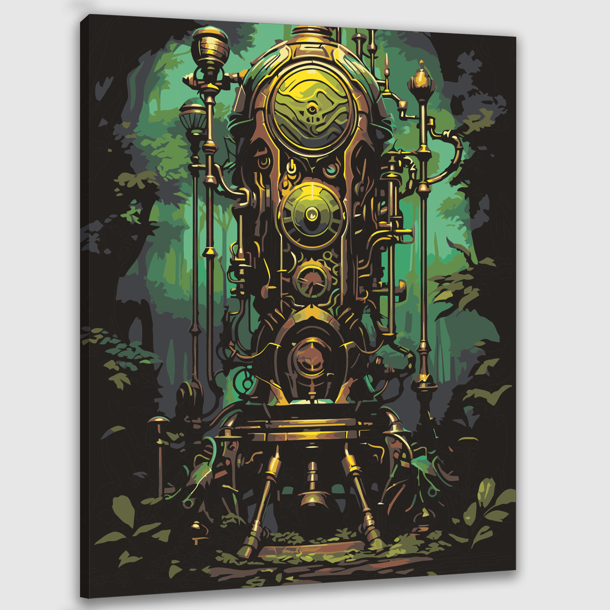 Картина по номерам 40x50 см, картина, цифровая, фантастическая машина, стимпанк, пышный зеленый ландшафт, шестеренки
