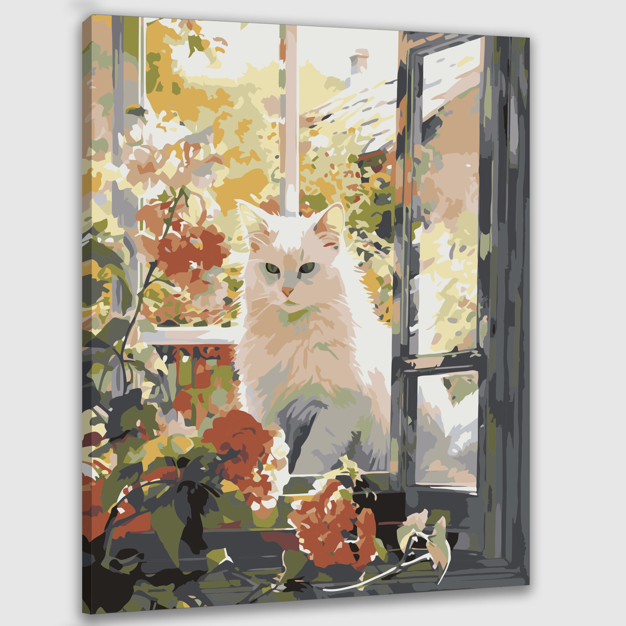 Картина по номерам 40x50 см, пушистая белая кошка, владелец, обнимаются, подоконник, солнце, сад, цветы, птицы