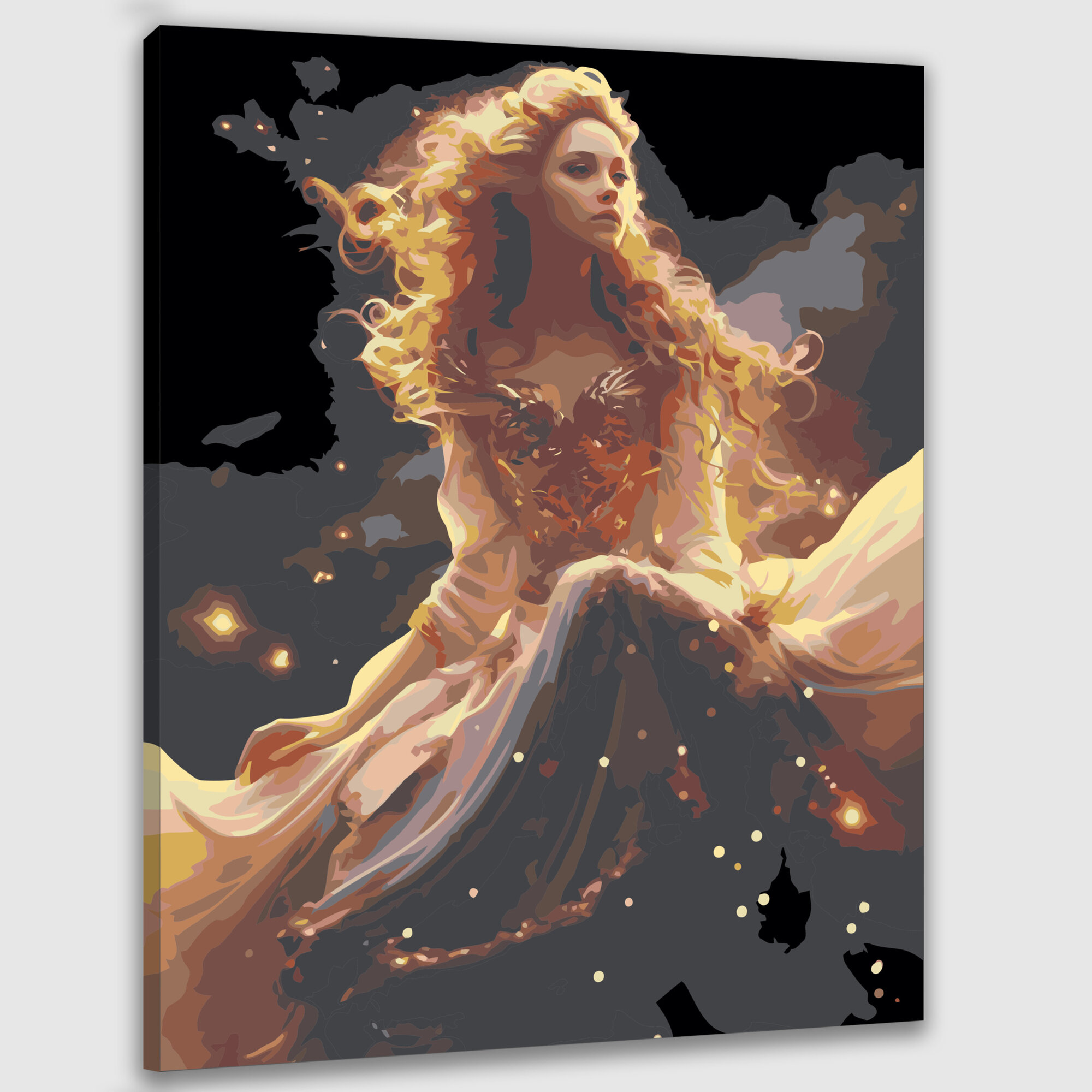 Картина по номерам 40x50 см, золотые крылья, принцесса, облако, лунный свет, длинные волосы, небо, падающие звезды