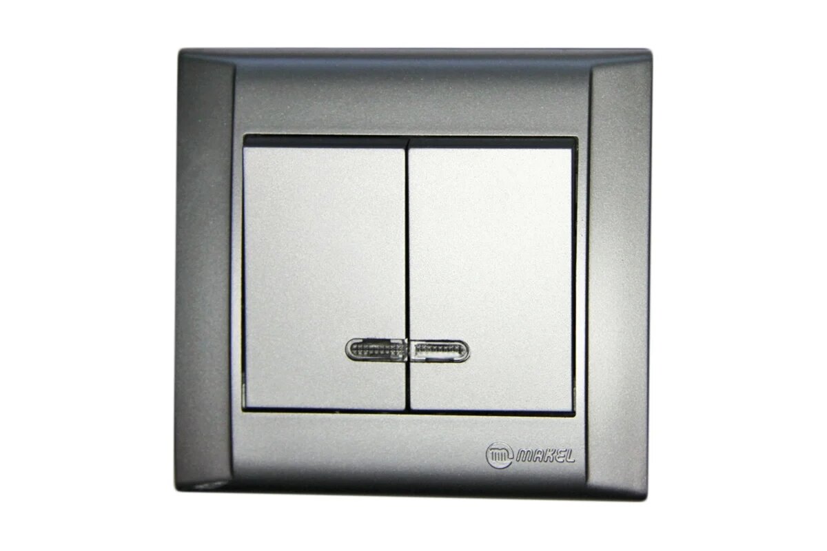 MAKEL Выключатель 2-кл. СП Defne 10А IP20 сереб. с подсветкой 42065023