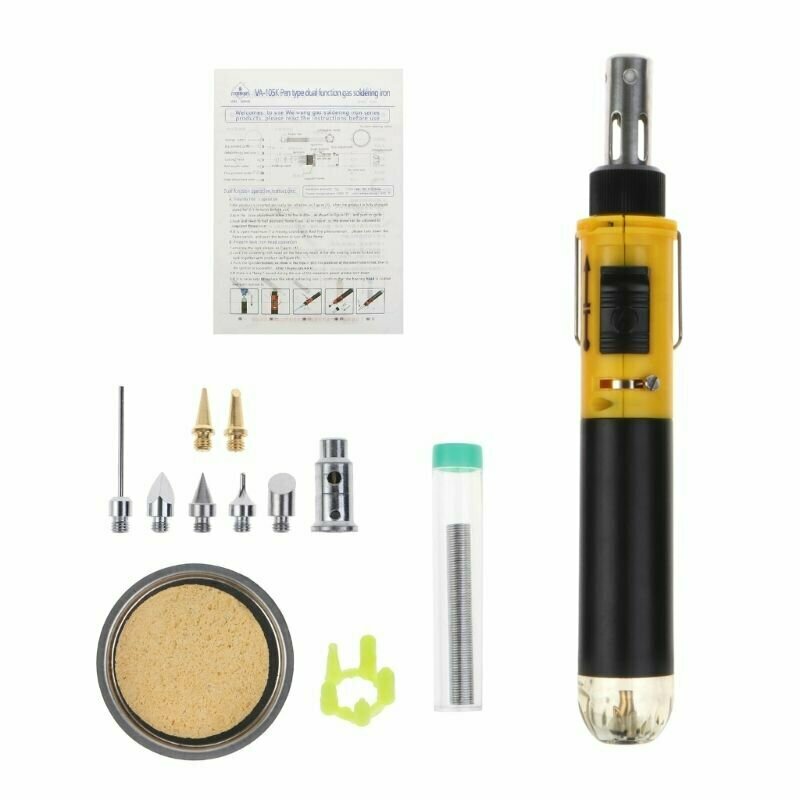 (1 набор) Газовый паяльник с насадкой - желтый