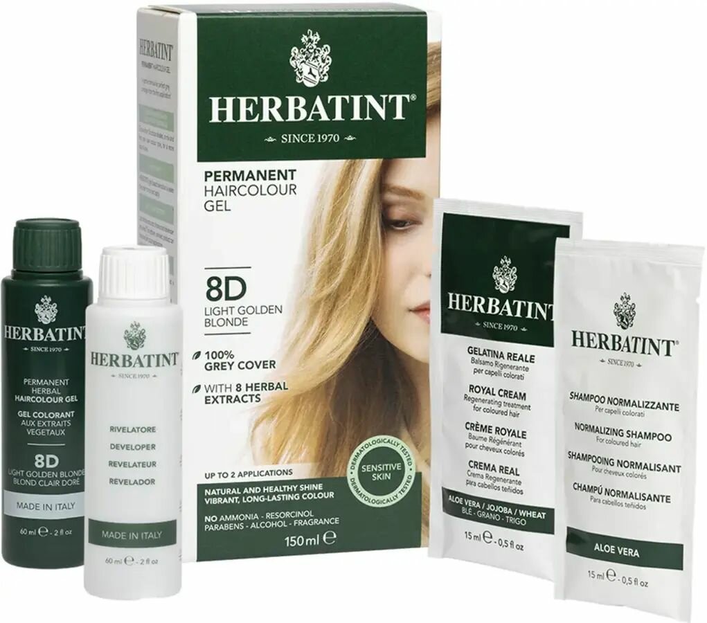 Гель-краска для волос без аммиака с экстрактами натуральных растений тон 8D светлый золотистый блондин HERBATINT, 150 мл