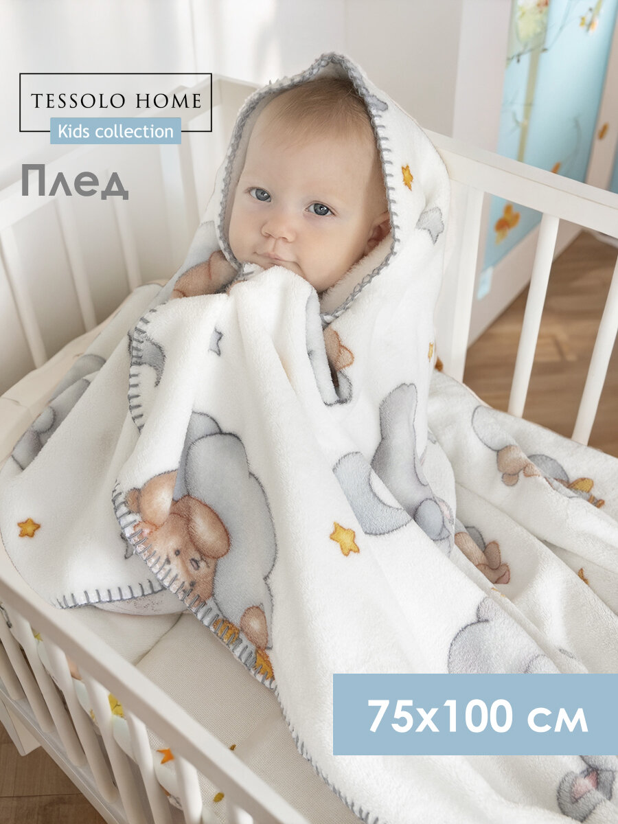 Плед для новорожденного 75х100 пушистый детский плюшевый в кроватку коляску Tessolo Home, "Спящие мишки"