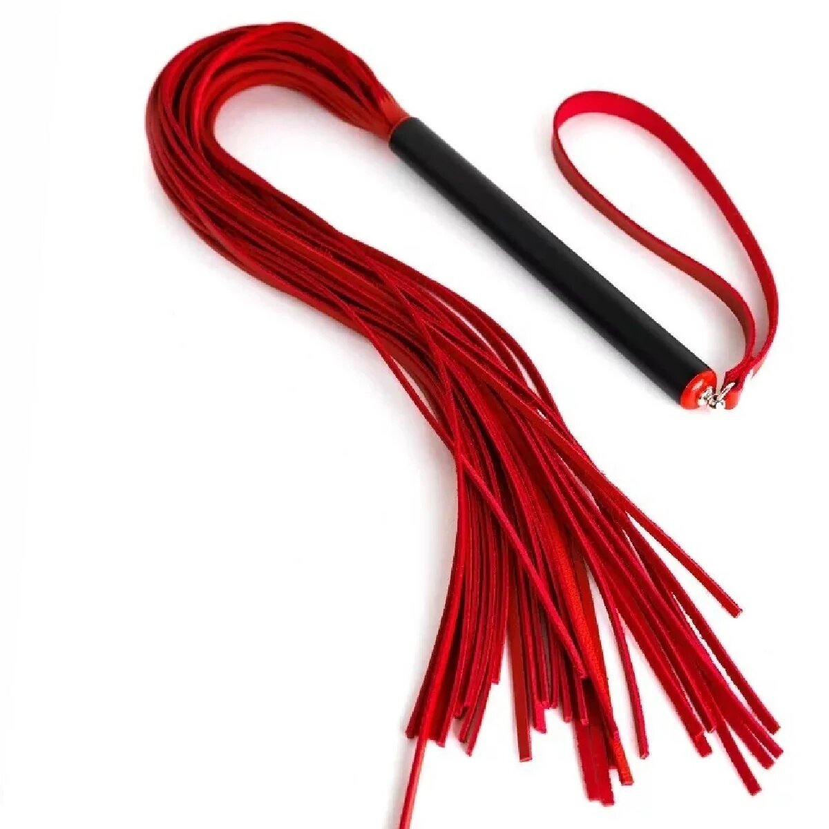 Плеть с черной ручкой, кожаная, красного цвета, длина 60 см.